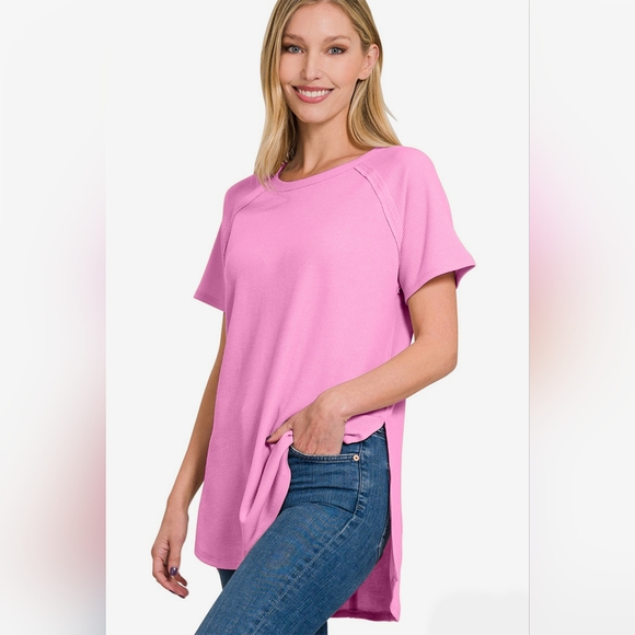 Zenana Outfitters | Tops | Zenana Slit Round Neck Short Sleeve Waffle ...